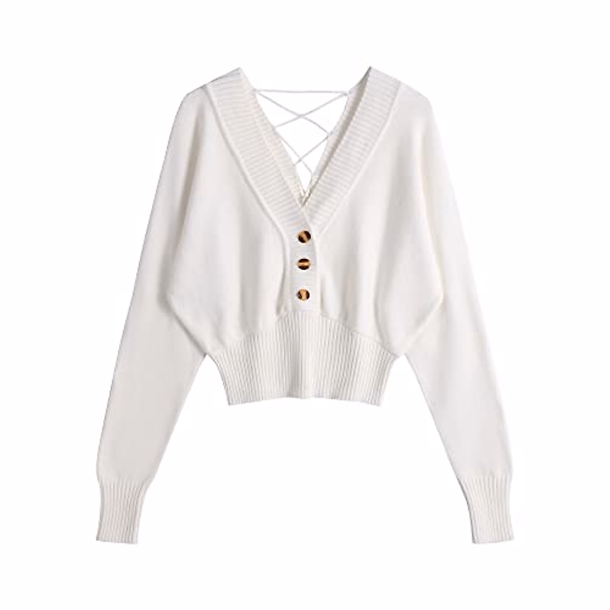 ZAFUL Women's Crop Sweater V Neck Long Sleeve Button Knit Cropped Ribbed Drawstring V Backless Pullover Jumper A-White