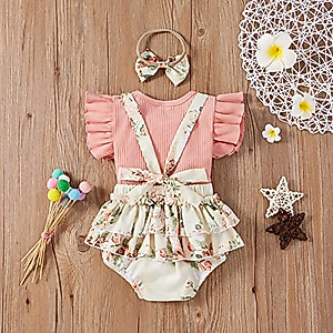 koramesis Baby Girl Outfits Set Toddler Ruffle Sleeve Lace Floral Romper with Denim Flared Jeans Outfits 3Pcs Clothes Set (Pink, 6-12 Months)