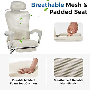 GGN Ergonomic Office Chair with Foot Rest, White Reclining Desk Chair with Leg Rest, Mesh Computer Desk Chair with Adjustable Headrest & Lumbar Support, White