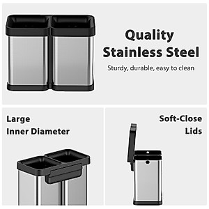 2x5.3 Gallon Dual Trash Can, Dual Compartment Garbage Can for Waste and Recycling, Open Top, Lidless Stainless Steel Kitchen Trash Can, Garbage Bin for Kitchen, Office, Dining Room, Living Room