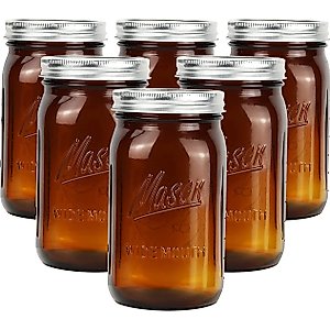Polytun Amber Glass Mason Jars 32 oz Wide Mouth with Airtight Lids and Bands 6 Pack, Amber Clear Glass Canning Mason Jars, Quart Mason Jars (Set of 6) (Wide Mouth)
