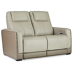 Signature Design by Ashley Battleville Contemporary Leather Power Reclining Loveseat with Adjustable Headrest, Light Gray