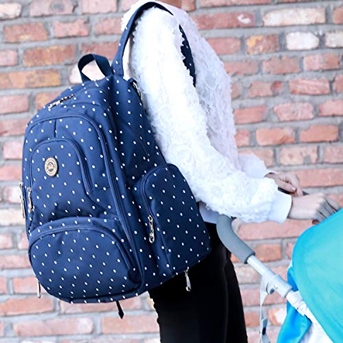 QIMIAOBABY diaper bag backpack, multifunctional and large-capacity travel diaper storage bag (Blue dots)