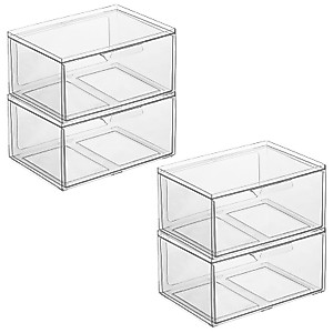 mDesign Plastic Wide Stackable Closet Storage Organizer Bin Containers with Front Pull Drawer for Cabinet, Desk, Shelf, Cupboard, or Dresser Organization - Lumiere Collection - 4 Pack - Clear