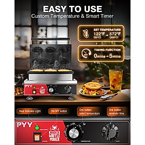 PYY Commercial Waffle Maker - 6pcs Strange Shape Abalone Waffle Iron Machine, Electric Stainless Steel Double Sided Removable Plates, 1600W 122-572℉ Temp Control | Black Non-stick Coating | Crumb Tray