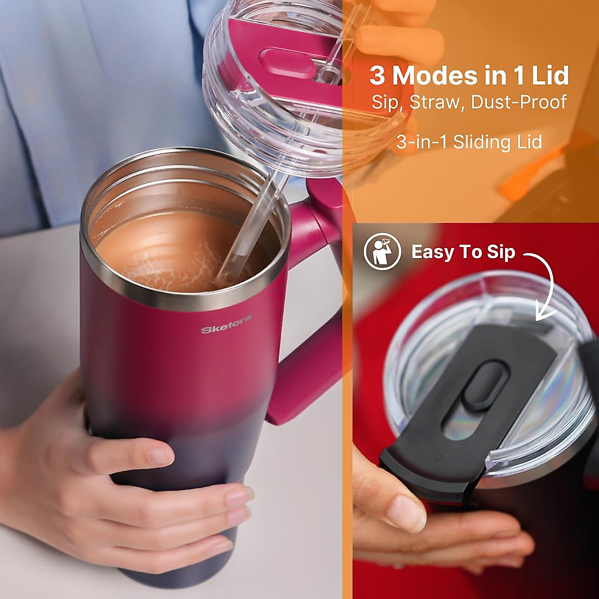 SKETORA 32 oz Tumbler with Rotatable Handle & 3 in 1 Sliding Lid - Stainless Steel Travel Coffee Mug for Hot & Cold Drinks (Twilight Ombre)