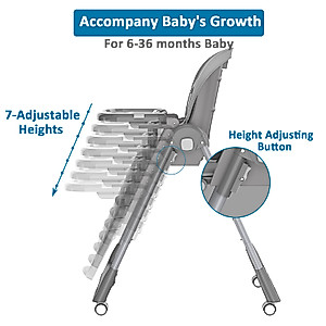 High Chair for Babies and Toddlers,3-in-1 Portable Highchair Toddler Chair, Folding & Height Adjustable Infant High Chair Dining Booster Seat with Wheels,Footrest and Meal Tray (Grey)