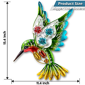 Fawgold Metal Hummingbird Wall Art Decor, 3D Design with Glass Bead Accessories, 16 Inch Fence Decorations Outdoor Hanging Decor for Patio Bedroom Living Room Garden Yard