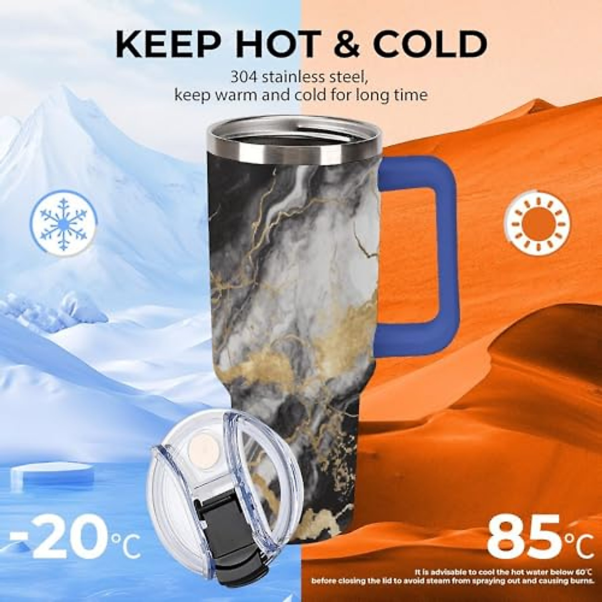 40 Oz Vacuum Tumbler with Deep Blue Handle Leakproof Insulated Tumbler Black White Gold Foil Marble Stainless Steel Travel Mug with Lid And Straw Coffee Cup Cute Water Bottles Cup Holder Friendly