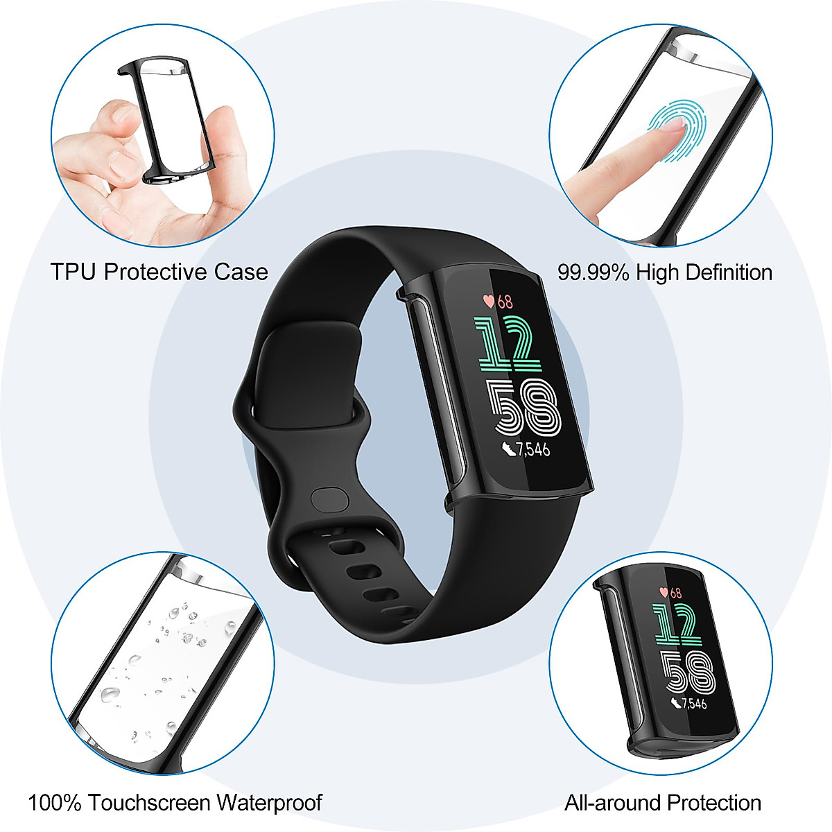 NANW 3-Pack Screen Protector Compatible with Fitbit Charge 6/5 (Not for Charge 4/3), TPU Rugged Bumper Case Cover All-Around Protective Plated Bumper Shell Accessories for Charge 6 5 Smartwatch