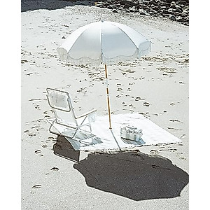 Business & Pleasure Co. Holiday Beach Umbrella ~ White Boho Fringe Umbrella, UPF 50+, 1" Tilting Wood Pole, 5’W x 6.5’H