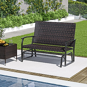 Tangkula Outdoor Rattan Glider Bench, 2-Person All Weather Resistant Glider Loveseat w/Quick Dry Foam Seat & Heavy-Duty Metal Gliding Arms, Outdoor Rocking Bench for Poolside, Garden, Backyard