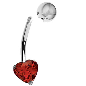 Ritastephens 14k Solid White Gold Genuine Garnet Heart Belly Button Navel Ring Body Art