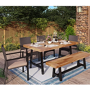 MFSTUDIO 6 Pieces Patio Dining Set with Acacia Outdoor Wood Bench and 4 Rattan Wicker Chairs, Patio Table Set for 6, Outdoor Patio Table and Chairs Dining Furniture Set for Patio