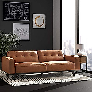 Amazon Brand – Rivet Bigelow Modern Leather Sofa Couch with Wood Base, 89.4"W, Cognac / Espresso
