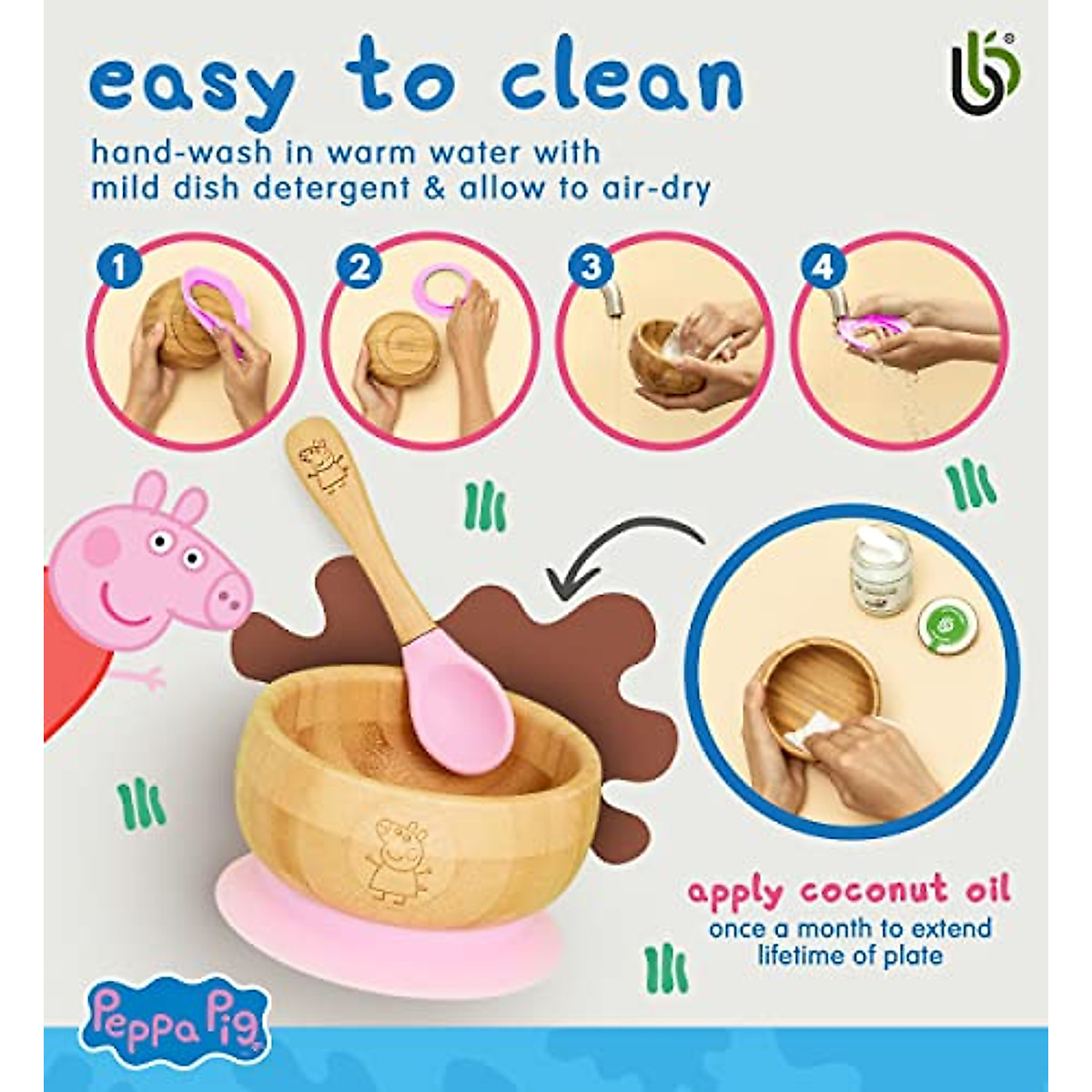 Peppa Pig Suction Bowl for Baby – Bamboo Baby Bowl and Spoon Set with Removable Silicone Suction Cup for Kids | 12oz | Non-Toxic | Cool to The Touch | Ideal for Baby-Led Weaning (Peppa Pig)