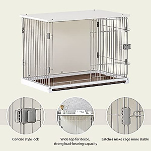 EMKK 34" Wooden Structure White Dog Cage Crate, End Table with Movable Salver, Dog House Cage Indoor Use, with Wide Table Top,Dog Crates for Large Dog Mental Wire Crates Dog Kennels Pet Dog Cage Crate