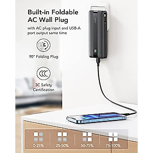 VRURC Portable Charger with Built-in Cables & AC Wall Plug, 22.5W Fast Charging 10000mAh Battery Pack(QC4.0 & PD3.0), USB C Power Bank with 4 Output 2 Input, Compatible with iPhone Samsung Android etc