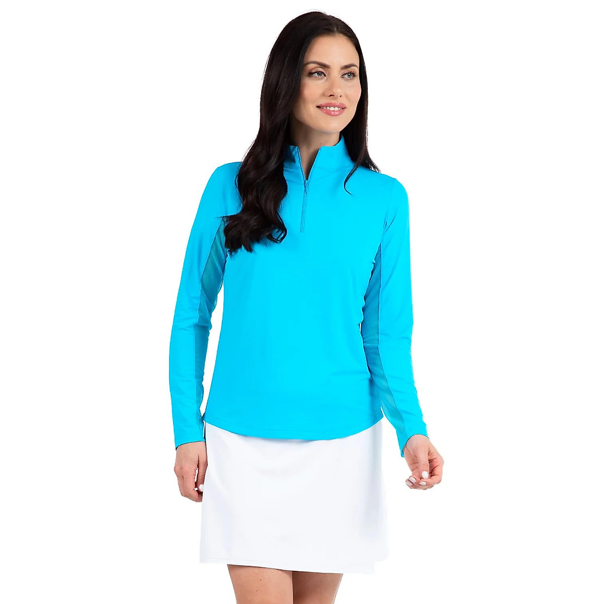 IBKUL Athleisure Wear Sun Protective UPF 50+ Icefil Cooling Tech Long Sleeve Mock Neck Top with Under Arm Mesh 80000 Turquoise Solid S