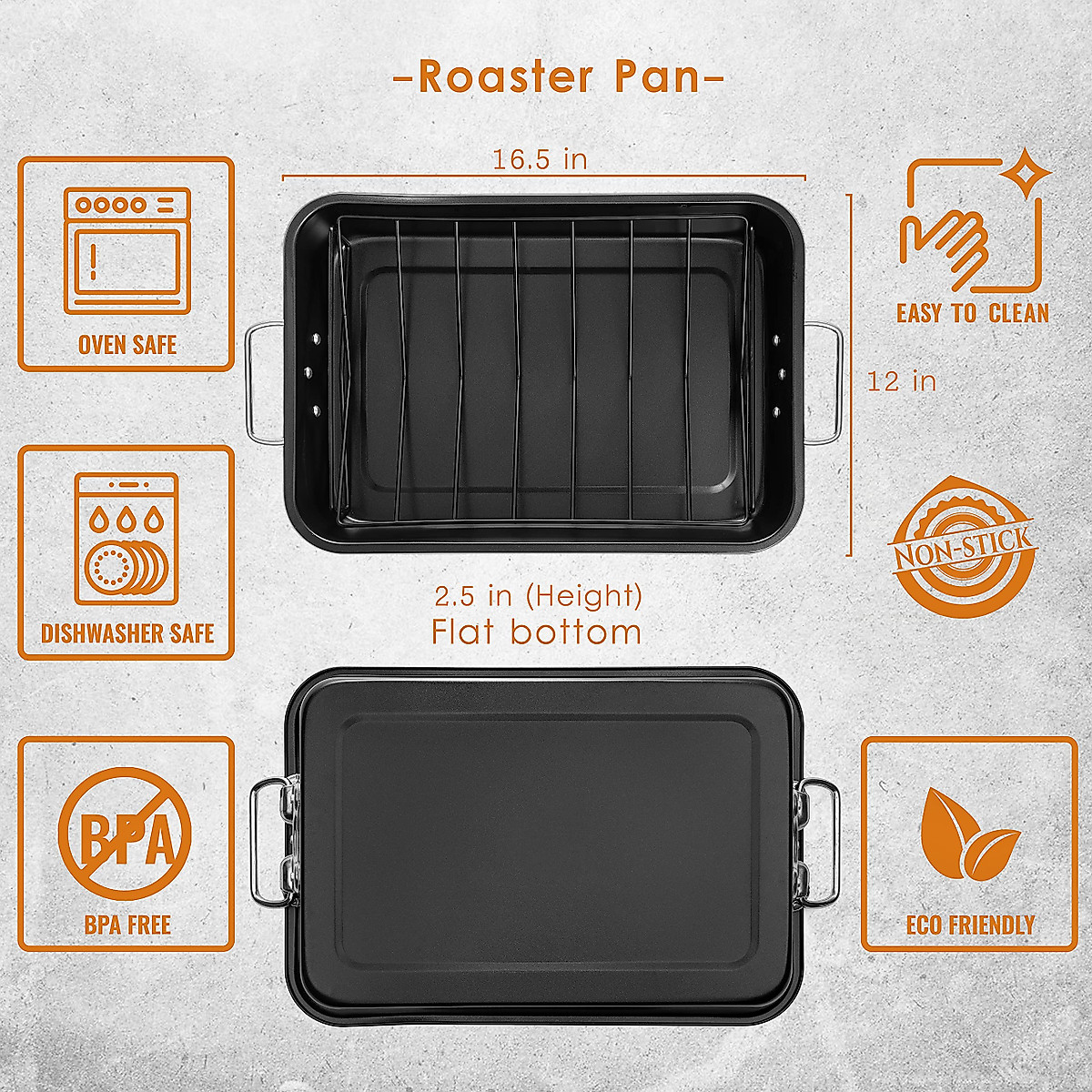 Moss & Stone Carbon Steel Roaster Pan With “V” Shape Removable Roasting Rack Set, 16.5 Inch Rectangular Nonstick Roasting Pan, Turkey Roaster Pan Rack With Carving Fork & Chef Knife
