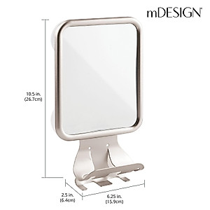 mDesign Large Modern Metal Suction Shaving Mirror Center for Bathroom Showers and Tubs - Holders for Shaving Cream and Razors - Satin