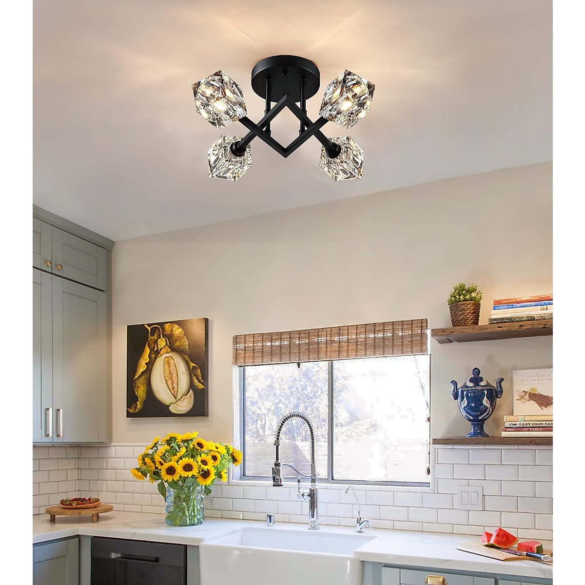 AMZASA Modern Semi Flush Mount Ceiling Light, Black Dining Room Light Fixtures,4-Lights Geometric Crystal Chandelier for Bedroom Entryway Hallway Porch Laundry Room