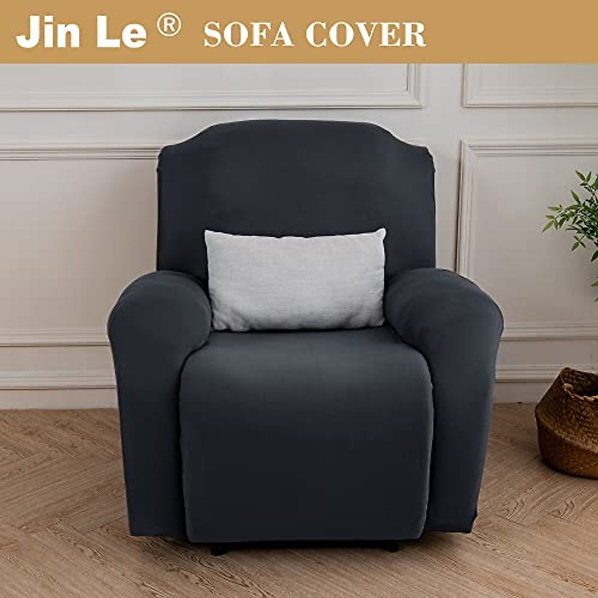 Jin Le Recliner Chair Covers Stretch Recliner Cover(Recliner, Drak Gray) 4 Pieces Recliner Couch Cover for Large Recliner Soft Spandex with Pocket Elastic Bottom and Ties Furniture Protector for Pet
