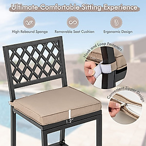 COSTWAY 2 PCS Patio Bar Chairs, Heavy-Duty Metal Frame Bar Stools Set of 2, Indoor Outdoor All-Weather Resistant Barstools with Detachable Cushion & Footrest, for Patio, Garden, Poolside(2)