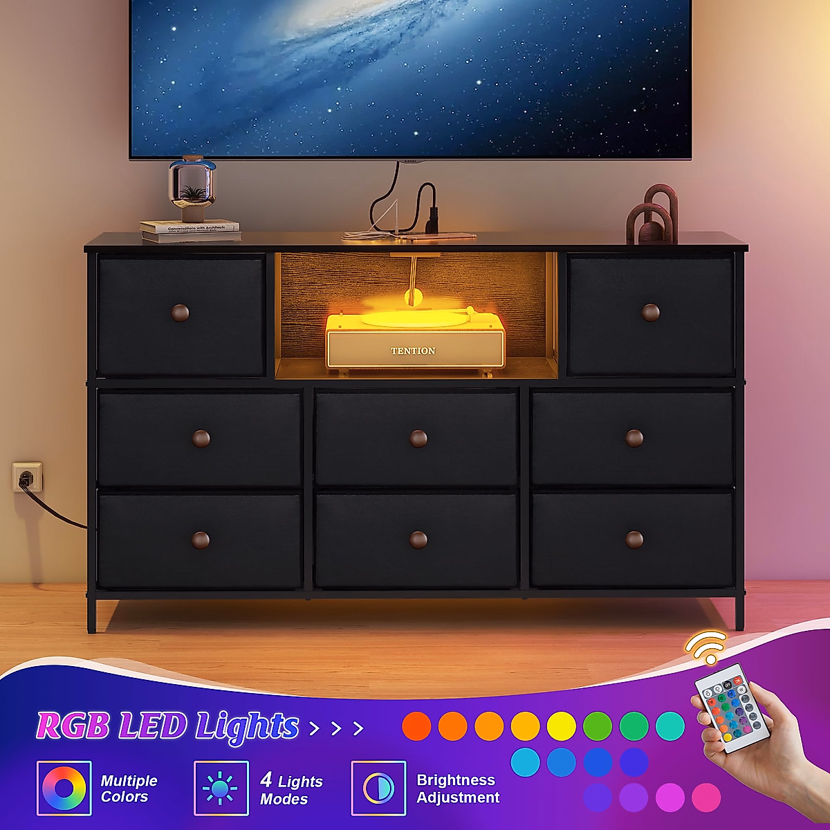 LYNCOHOME Black Dresser with Power Outlets and LED Lights, 43" W Dresser TV Stand with 8 Drawers, Fabric Chest of Drawers for Bedroom, Living Room, Entryway