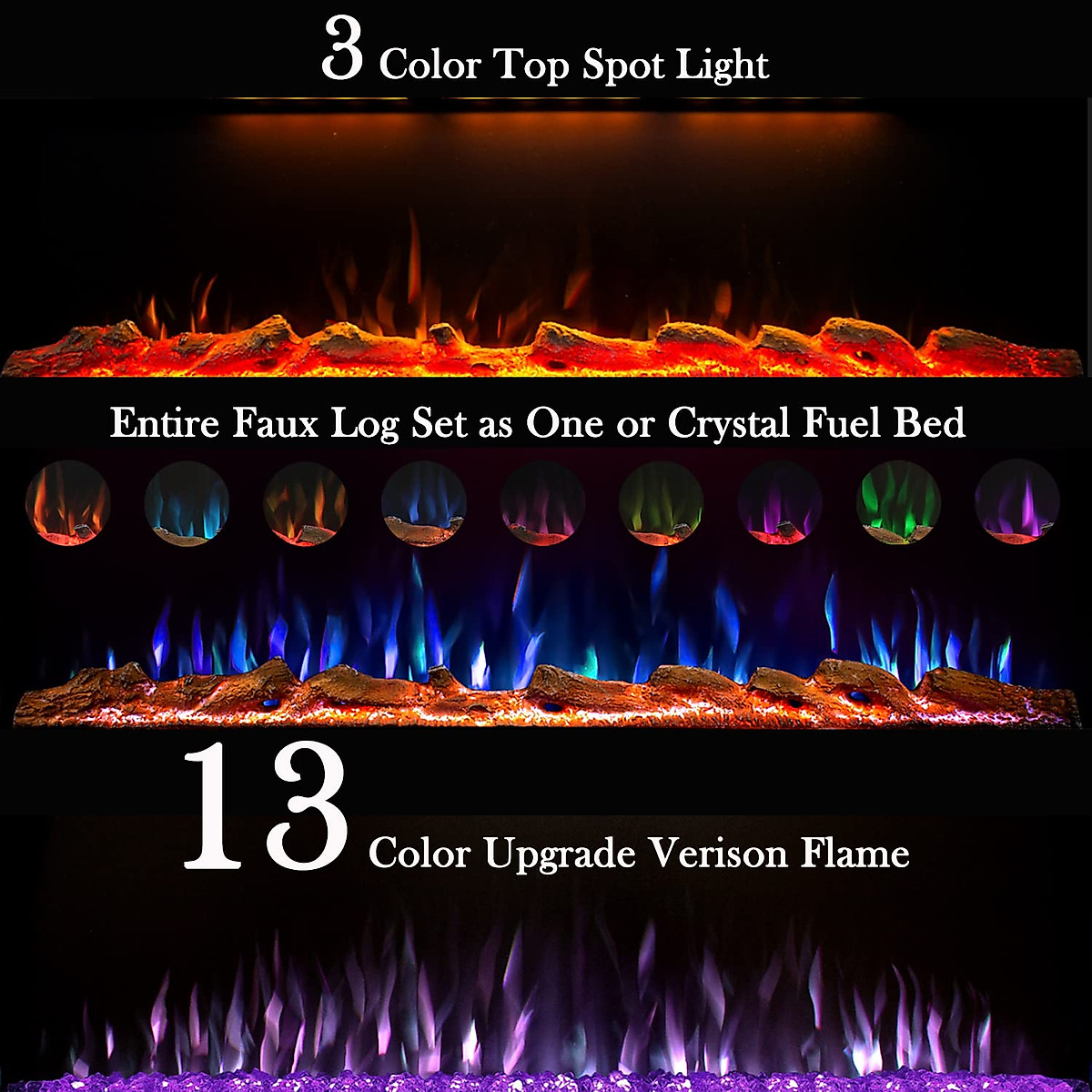 Masarflame 36" Recessed Electric Fireplace Insert, 5 Flame Settings, Log Set or Crystal Options, Temperature Control by Touch Panel & Remote, 750/ 1500W Heater