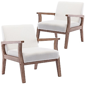 Wahson Set of 2 Mid Century Armchair with Wood Frames, White Linen Upholstered Farmhouse Living Room Chair, for Living Room Bedroom, Ivory