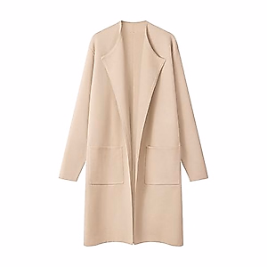 MEROKEETY Women's Open Front Coatigan Sweater Long Sleeve Casual Knit Lapel Cardigan Coat with Pockets, Apricot, Small