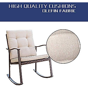 Skiway 3 Piece Outdoor Rocking Chair Set, Patio Brown Wicker Rattan Rocker, Cushioned Bistro Higher Back Rocking Chairs Set of 2 with Glass Table