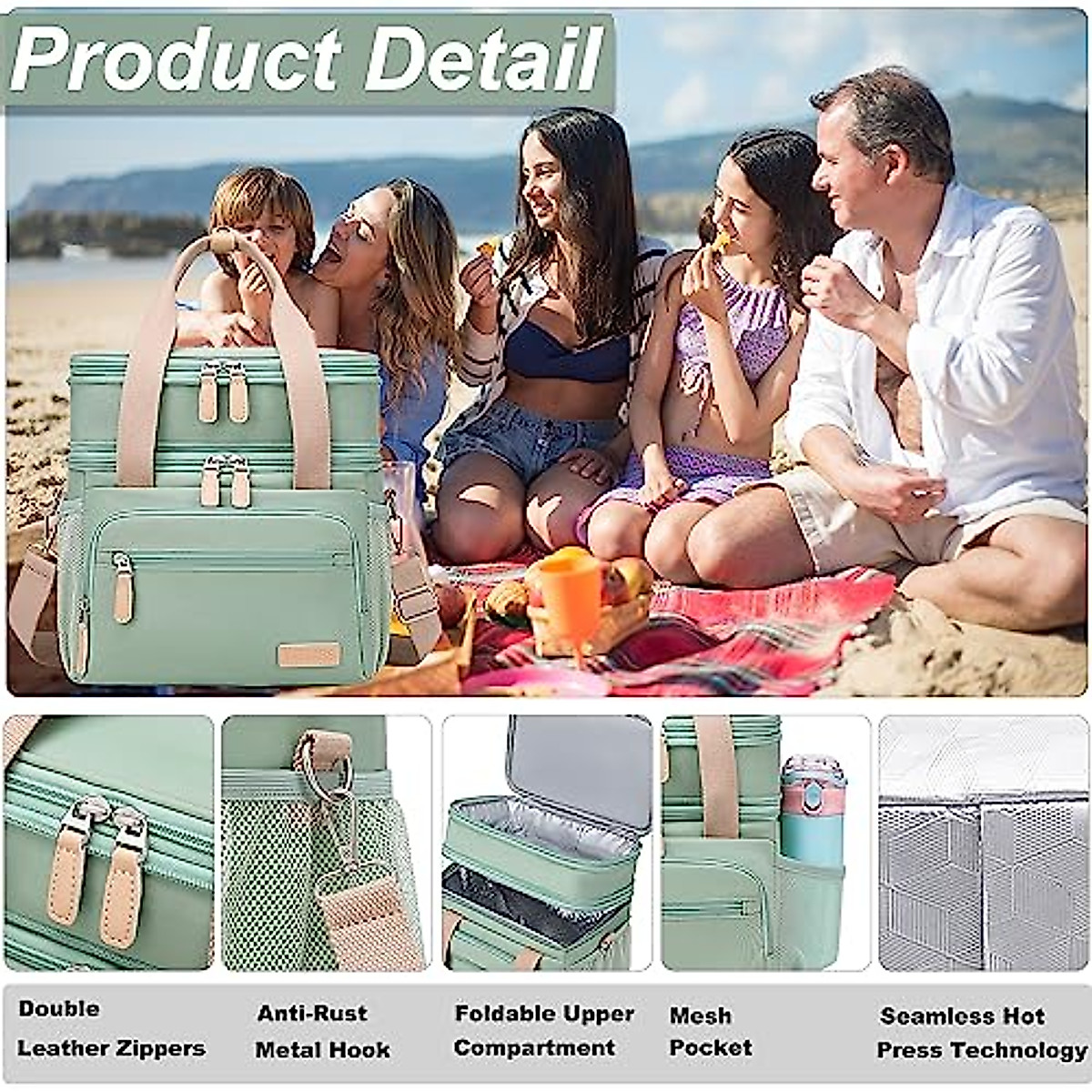 Weitars Insulated Lunch Box for Women Men-Dual Compartment Waterproof Reusable Large Lunch Bag for Women Wide-Open Tote Cooler Bag For Working Picnic Hiking (15L) (Green)