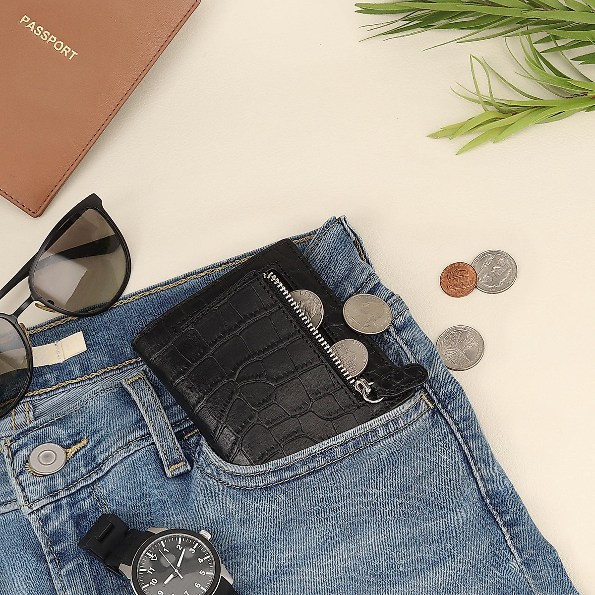 BOTANNER Genuine Leather Womens Wallet RFID Blocking Slim Compact 6 Credit Card Slots 1 ID Window Bills Sections Zipped Section for Coins Secure Button Closure Gift Boxed Red