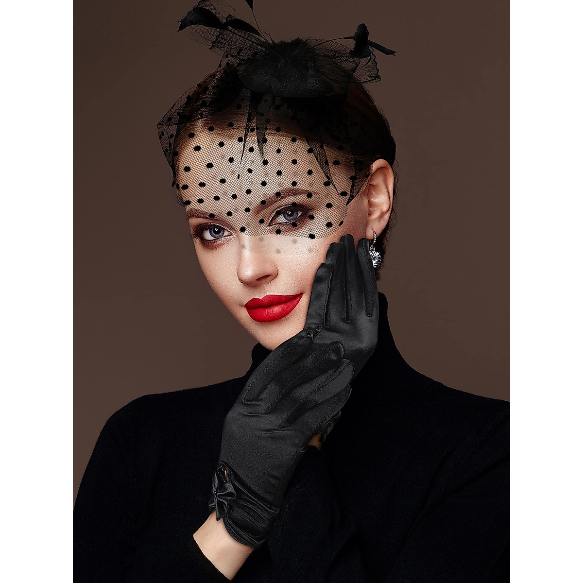 Geyoga 50s Fascinator Hat for Women Funeral Veil Hat Pillbox Cocktail Tea Party Headpiece and Lace Glove (Black,Elegant Style)