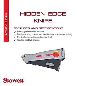 Starrett Hidden Edge Utility Knife with Easy to Use Safety Lock and Level for Fast, Tool-Free Blade Changes - Retractable Lever Action, Aluminum Case Material - S011