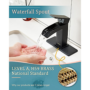 KUZOR Bathroom Faucets Single Hole Black Matte, Waterfall Matt Black Bathroom Sink Faucet One Hole with Metal Pop Up Drain, Solid Brass Square Faucet for Bathroom Vanity