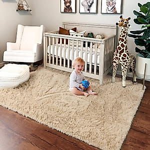 Amangel Ultra Soft Fluffy Shag Rug, Fuzzy Area Rug for Bedroom, 4' x 6', Plush Shaggy Carpet for Living Room, Cute Furry Rugs for Kids Girls Room Baby Nursery Home Decor, Luxury Floor Carpet, Beige