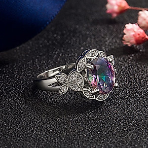 ZDIFDIC 925 Sterling Silver Mystic Rainbow Ring Oval Topaz for Women's Ring Cubic Zirconia Rainbow Promise Rings Inspirational Jewelry Gift for Her Gemstone Birthstone Butterfly Ring (7#)