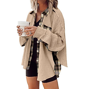 SHEWIN Womens Waffle Knit Plaid Shacket Button Down Shirts Jacket Boyfriend Shirts Long Sleeve Tops Fall Clothes for Women 2023 Apricot S
