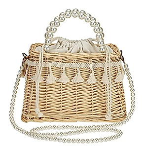 So'each Women's Handmade Rattan Wicker Lace Woven Artificial Pearl Shoulder Bag