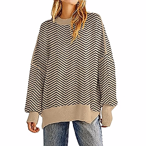 Women's Oversized Crewneck Sweaters Batwing Long Sleeve Side Slit Ribbed Knit Pullover Sweater Tops C-Khaki
