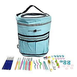 Designer Stitch Happy Crocheting Kit: 52 Piece Crochet Kit for Beginners & 7 Pocket Yarn Bag, Signature Yarn Storage - Angel