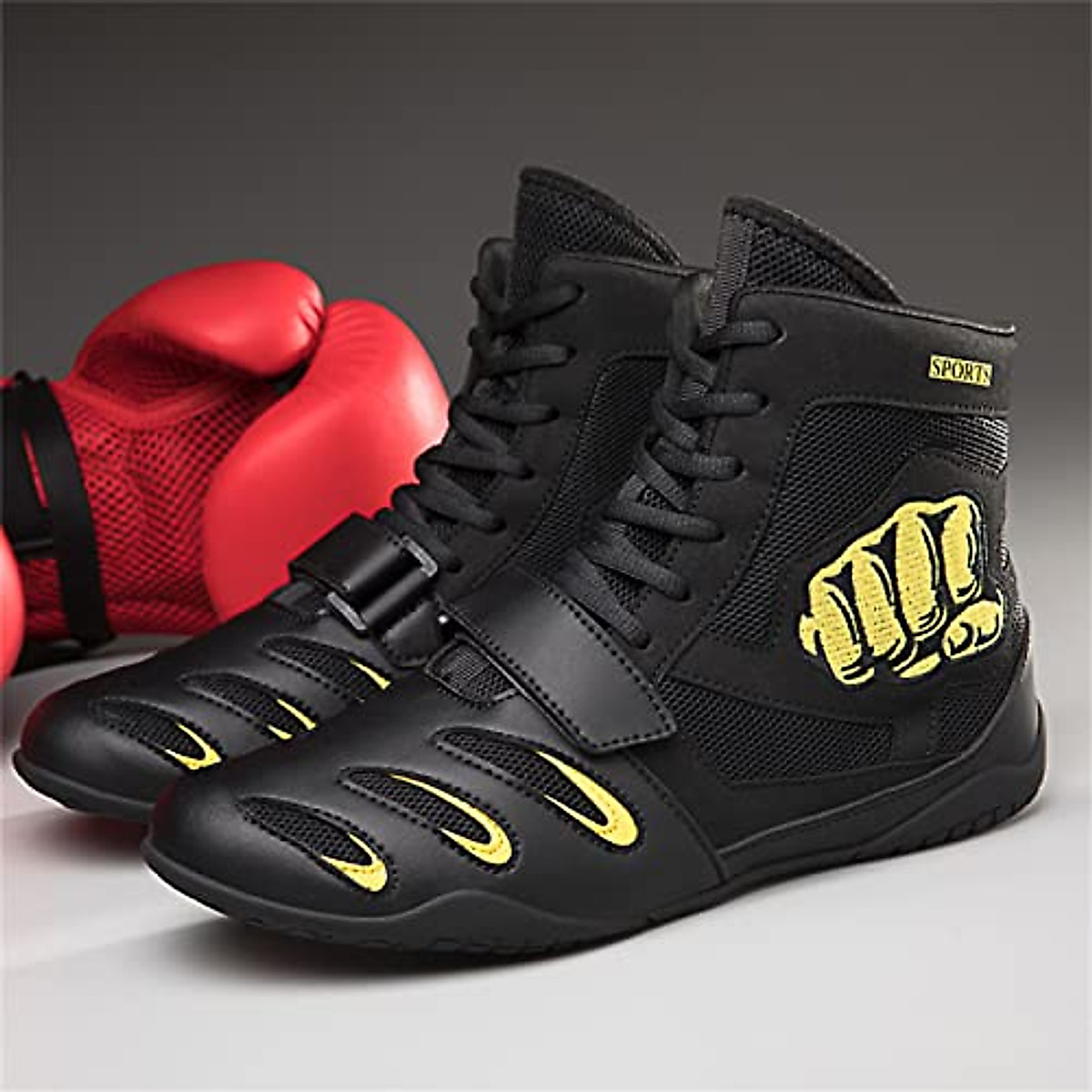 Men's Womens Breathable Wrestling Shoes Non-Slip Ankle Guard Squat Boxing High Top Training Boots Athletic Gym Shoes Black Yellow