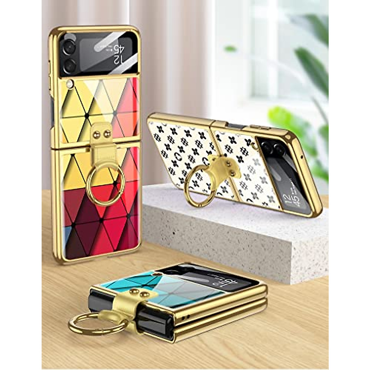 SHIEID Samsung Z Flip 4 Case, Z Flip 4 Case with Ring Phone Case, Electroplating Color Painting Tempered Glass Protective Cover for Samsung Galaxy Z Flip 4 5G, Rhombus Yellow