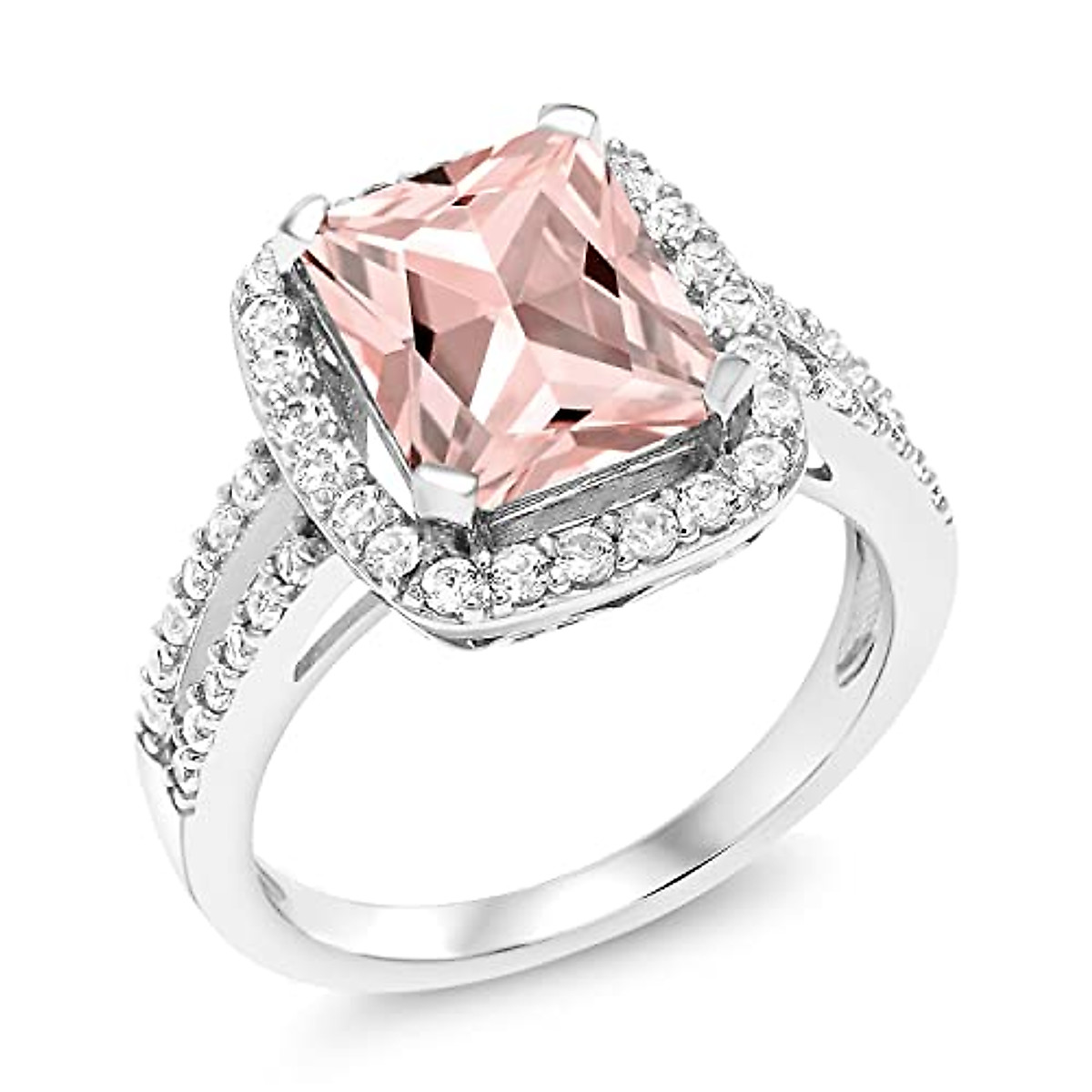 Gem Stone King 925 Sterling Silver Peach Nano Morganite Engagement Ring For Women (3.82 Cttw, Emerald Cut 10X8MM, Available In Size 5, 6, 7, 8, 9)
