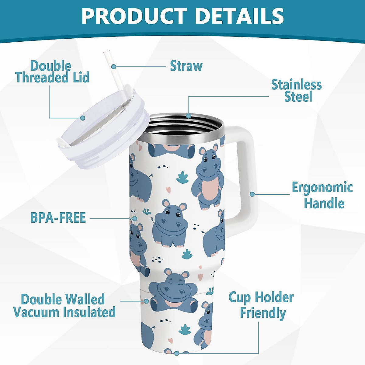 Wfrish Cute Blue Hippos Tumbler with Handle and Straw Lid, 40 oz Insulated Coffee Cup Stainless Steel Water Bottle Travel Mug Cupholder Friendly,Gifts for Women Men