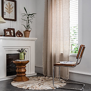 ColorBird Striped Semi-Blackout Window Curtains 2 Panels Farmhouse Style Cotton Linen Darkening Curtains with Tassel Rod Pocket Window Drapes for Dining Living Bedroom (52" W x 84" L, 1 Pair, Beige)