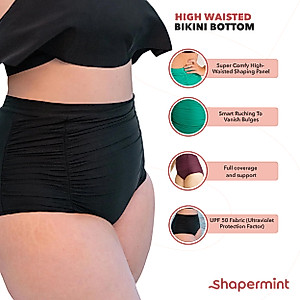 SHAPERMINT Women Ruched High Waisted Black Bikini Bottom Swimsuit, Tummy Control Full Coverage Swimwear, Small to Plus Size